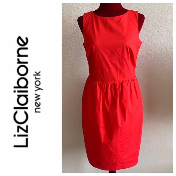 Liz Claiborne | Dresses | Red Poplin Midi Dress With Pockets Liz ...